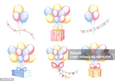 선물 상자 활 및 페넌트 화환이 있는 헬륨 풍선 생일 축하합니다 클립아트 모음 손으로 그린 수채화 일러스트 축제 세트입니다 카드