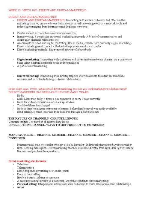 Week 12 Mktg 1001 Lecture Notes Week 13 Mktg 1001 Direct And Digital Marketing Direct And