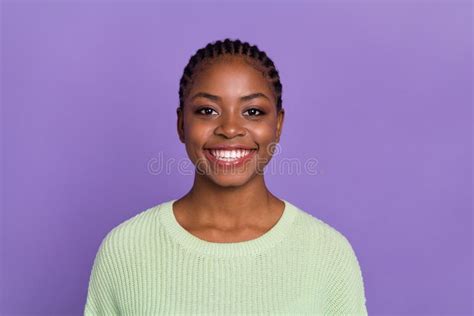 Portrait Of Young Adorable Sweet Female Smiling Camera Wear Comfy
