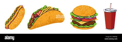 Fast Food Cartoon Icons Set Simple Flat Style Street High Calorie