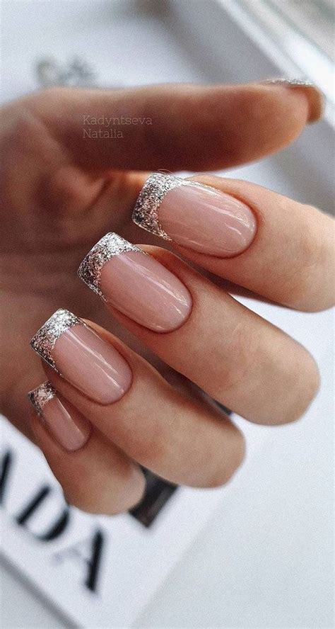 Silver Tip Nails Nude Nails With Glitter Glitter French Nails