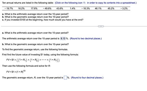 solved a what is the arithmetic average return over the 10