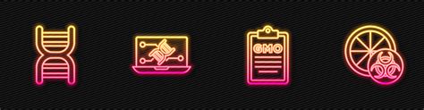 세트 라인 Gmo Dna 기호 유전 공학 수정 및 유전자 변형 오렌지 빛나는 네온 아이콘 벡터 Dna에 대한 스톡 벡터 아트 및