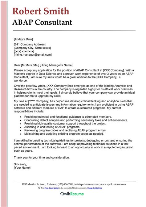 ABAP Consultant Cover Letter Examples QwikResume