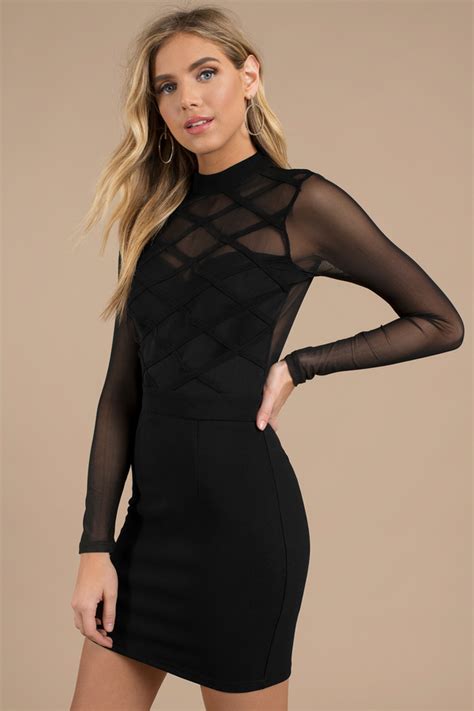 Black Bodycon Dress Long Sleeve Mesh Dress Black Evening Dress