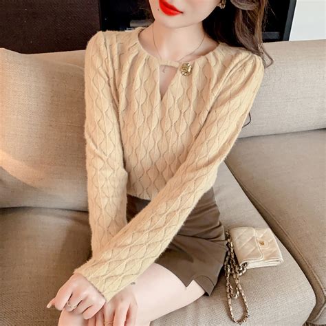 Rm33067新款长袖针织衫女上衣洋气小衫打底衫显瘦内搭潮长袖t恤、上衣女装批发 秋冬款女装批发台灣服飾批發马来西亚服饰批发台灣
