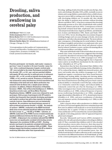 Pdf Drooling Saliva Production And Swallowing In Cerebral Palsy