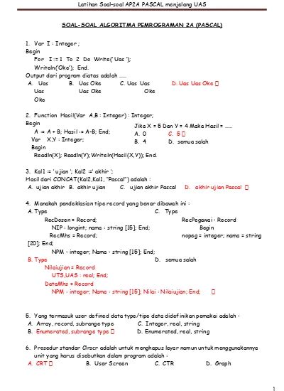 Latihan Soal Soal Ap A Pascal Menjelang Uas