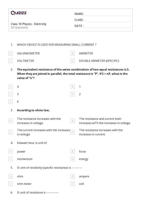 50 Electric Current Resistivity And Ohms Law Worksheets For 10th Class