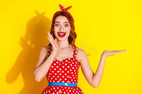 Photo Of Cute Cheerful Lady Wear Red Vintage Headband Arm Hold Empty