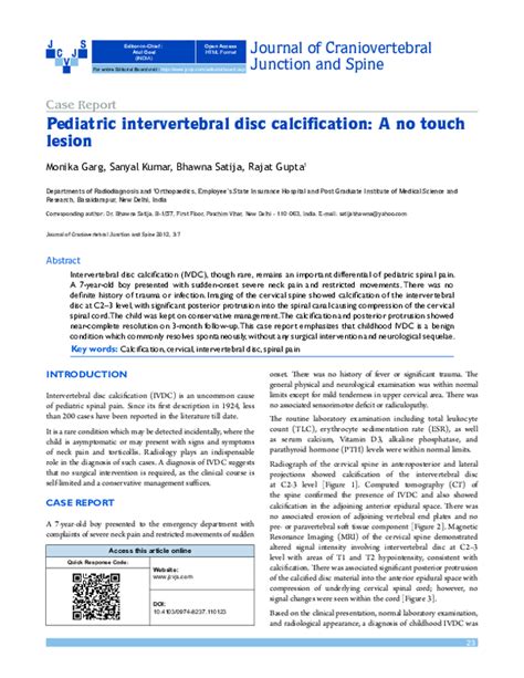 pediatric intervertebral disc calcification a no touch lesion