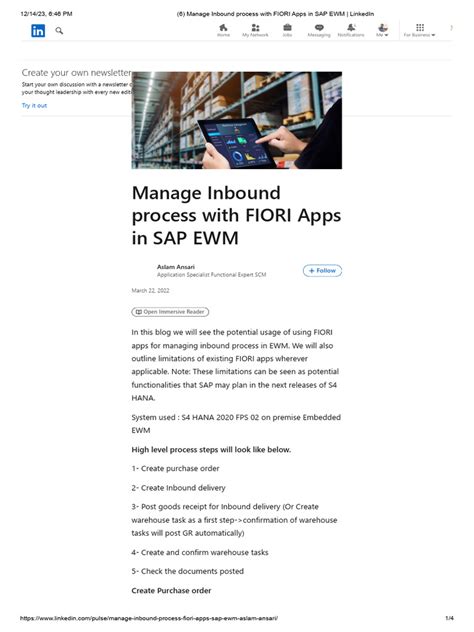 Manage Inbound Process With Fiori Apps In Sap Ewm Linkedin Pdf