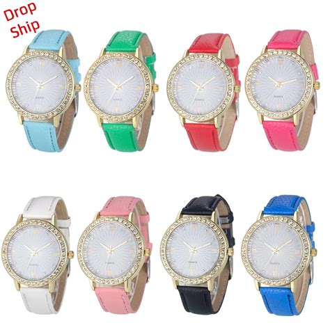 Stylish Fashion Women Inlaid Dial Analog Leather Quartz Wrist Watch