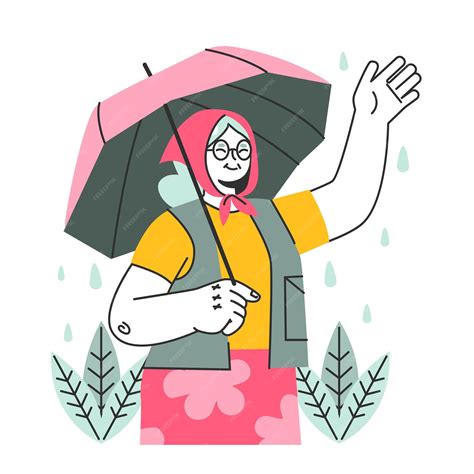 Premium Vector Senior Character Under The Rain Rainy And Cloudy