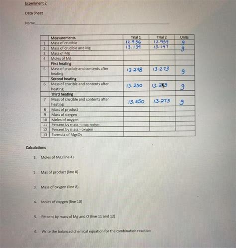 solved experiment 2 data sheet name units trial 1 12 956