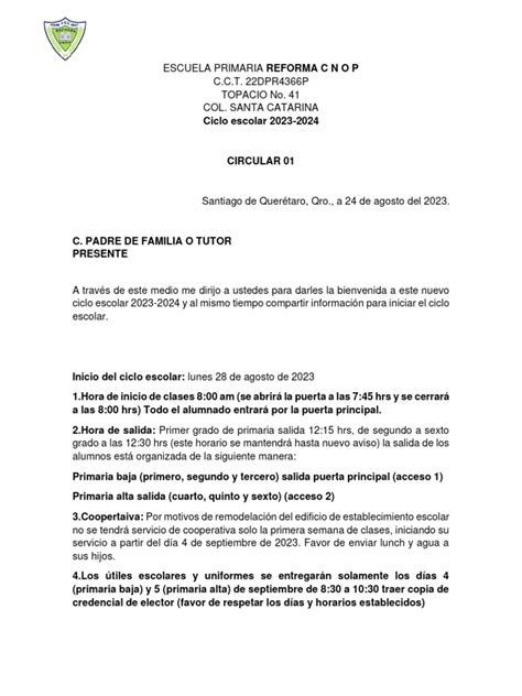 Circular 01 Inicio Cilo Escolar 2023 2024 Pdf