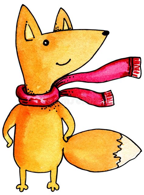 Watercolor Hand Drawn Cute Fox In Red Scarf Sketch Illustration Stock