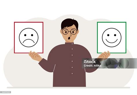 비명을 지르는 남자는 한 손에는 슬픈 이모티콘이 적힌 카드를 다른 한 손에는 웃는 이모티콘을 들고 있습니다 감정 가면 또는