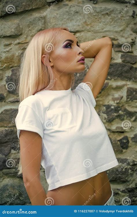 Sensual Woman With Long Blond Hair Makeup And Beauty Woman With Belly