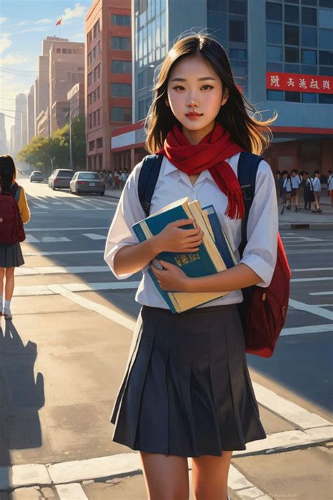 Chinese High School Girl Standing At The Bustling Intersecti By 金楚轩