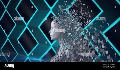 Composition Of Exploding Human Bust Formed With Grey Particles And Green Diamonds Background