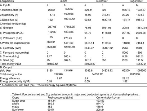 Energy Inputs Outputs And The Ratio In Maize Sunflower And Sugar