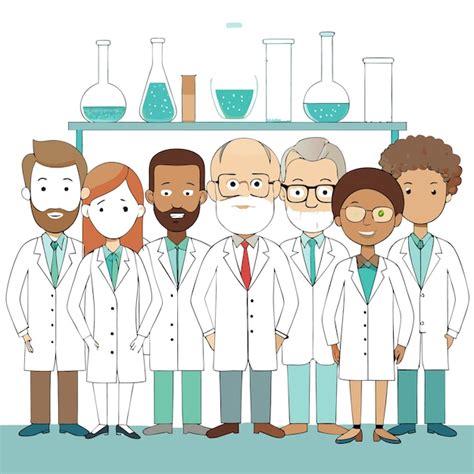 A Diverse Group Of Scientists In Lab Coats Stand In Front Of A Lab Bench With Beakers Premium