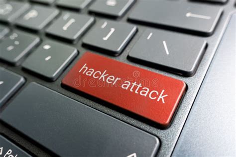 Close Up View On Conceptual Keyboard Hacker Attack Red Key On Laptop Keyboard Blurred