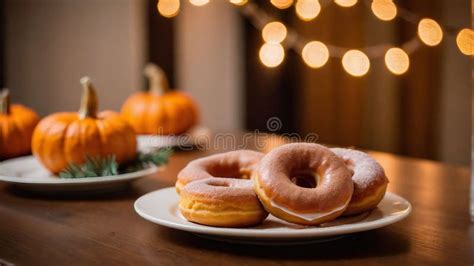 Holiday Autumn Donuts And Pumpkin Decor Stock Illustration