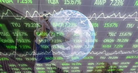 rotating earth animation with stock market data and graphs overlaying