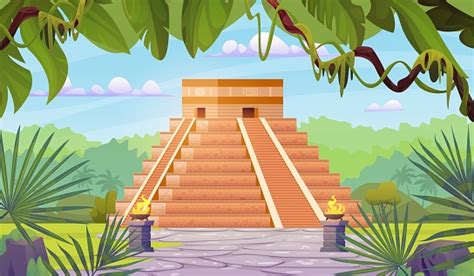 마야 피라미드 아즈텍 사원 유적 정글 Chichen Itza 멕시코 고대 세계 기념물 마야 문명 목적지 멕시코 페루 돌 피라미드 만화 호화로운 벡터 일러스트 레이 션 마야에