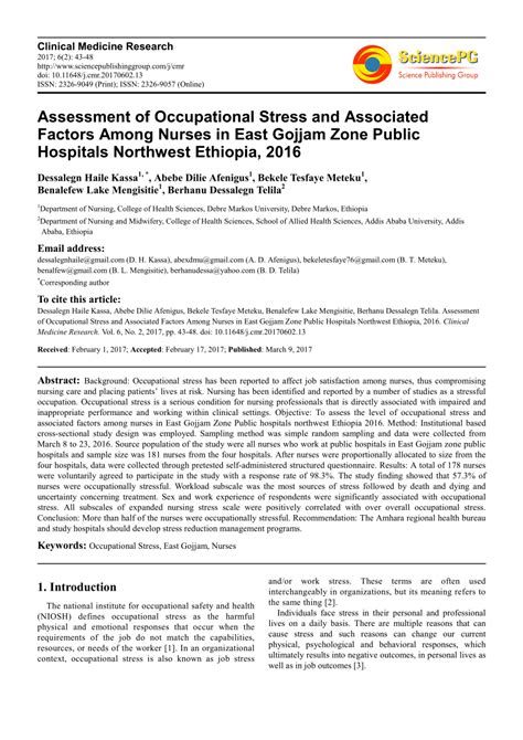 Pdf Assessment Of Occupational Stress And Associated Factors Among Nurses In East Gojjam Zone
