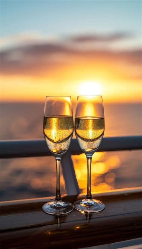 Elegant Champagne Glasses Shine In Sunset Glow On Luxury Cruise Ship