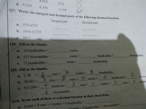 Q7 Write The Integral And Decimal Parts Of The Following Decimal Fractio