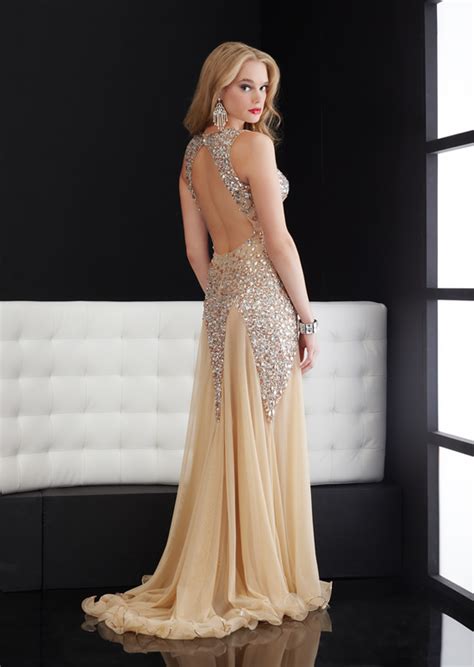Champagne Column Halter And Sweetheart Open Back Sweep Train Full