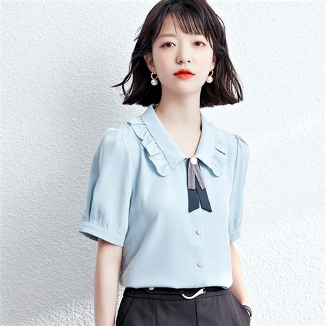 玩美衣櫃學院風甜美娃娃領淺藍襯衫女上衣s 2xl 白色戀人 短袖 Yahoo奇摩購物中心