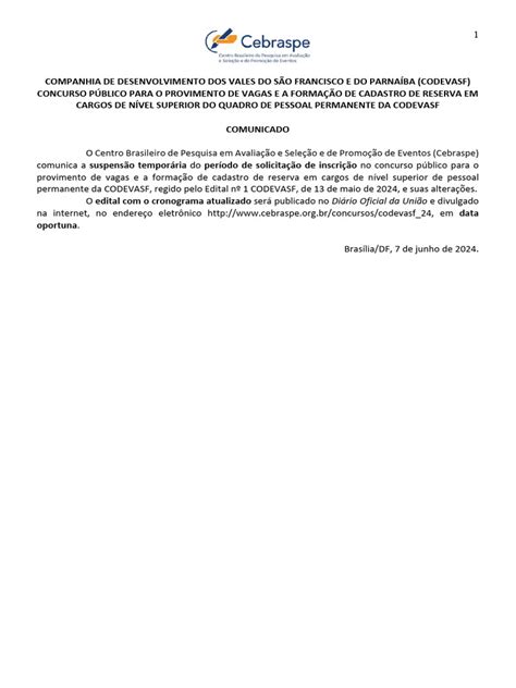 Codevasf Comunicado Suspenso Inscries Pdf