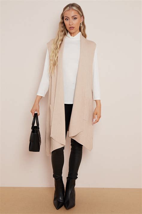 Beige Soft Knit Sleeveless Long Cardigan Aftershock London