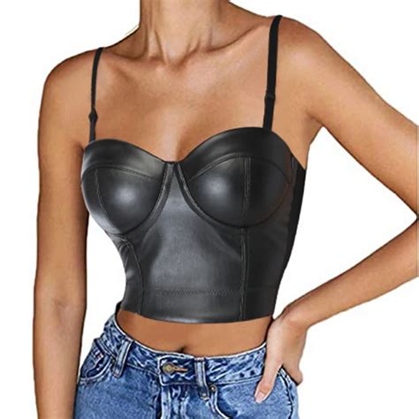 BLACK Leather Bustier Crop Top Gothic Punk Push Up Women S Corset Top