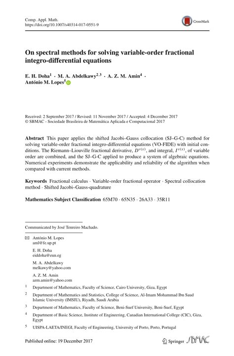 Pdf On Spectral Methods For Solving Variable Order Fractional Integro