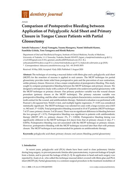 Pdf Comparison Of Postoperative Bleeding Between Application Of Polyglycolic Acid Sheet And