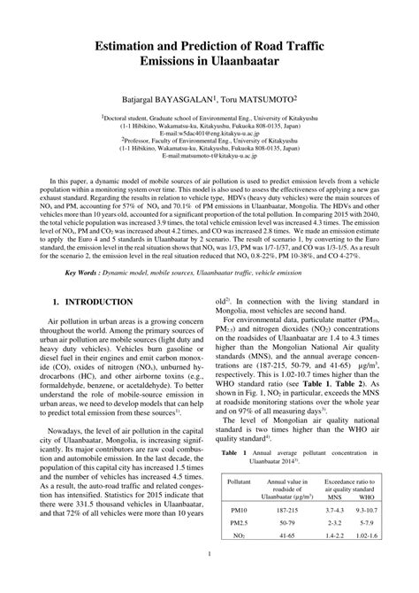 Pdf Estimation And Prediction Of Road Traffic Emissions In Ulaanbaatar