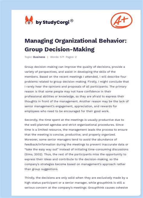 Managing Organizational Behavior Group Decision Making Free Essay