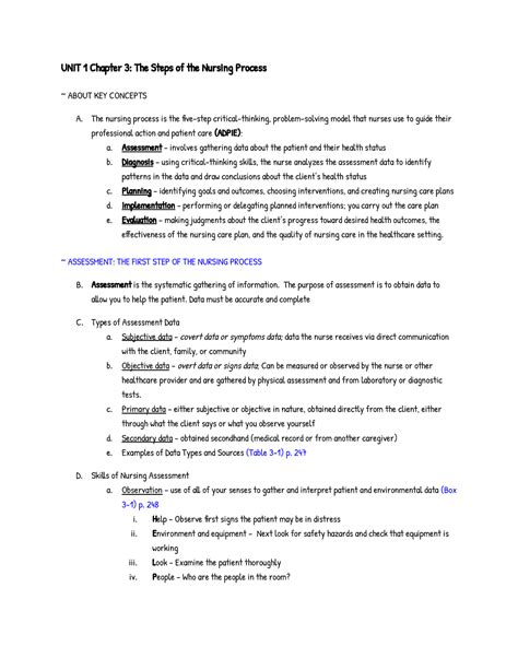 NRS 104 Notes 3 UNIT 1 Chapter 3 The Steps Of The Nursing Process