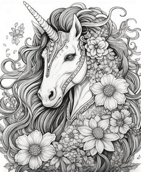 Premium Ai Image Coloring Pages For Adults Flower Unicorn Fantasy