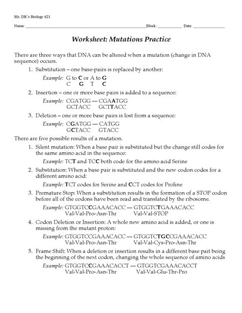 Worksheet Mutations Practice Answer Key Printable Pdf Template