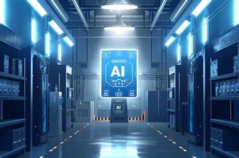 Ai Server Room With Digital Interface Blue Glowing Lights High Tech Environment Futuristic