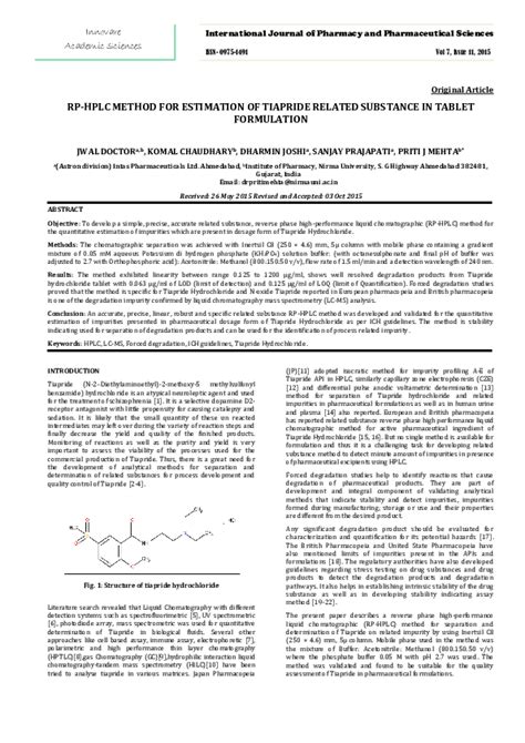 Pdf Rp Hplc Method For Estimation Of Tiapride Related Substance In Tablet Formulation