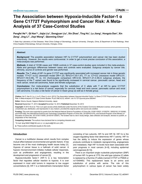 Pdf The Association Between Hypoxia Inducible Factor 1 α Gene C1772t