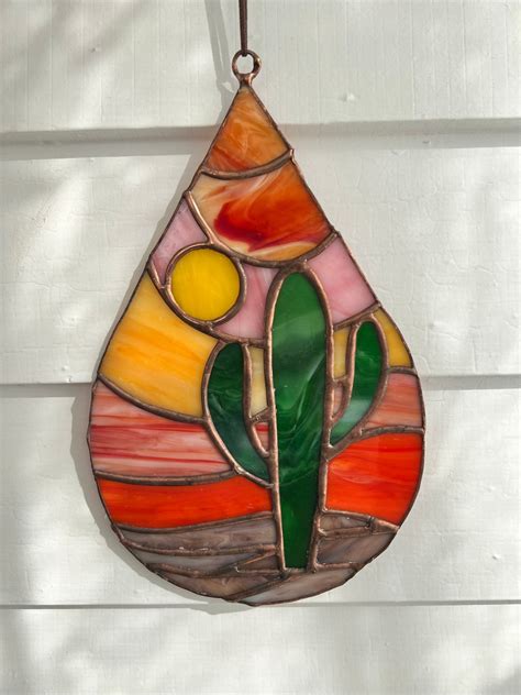 Stained Glass Desert Sunset With Cactus Sun Catcher In Teardrop Swirly